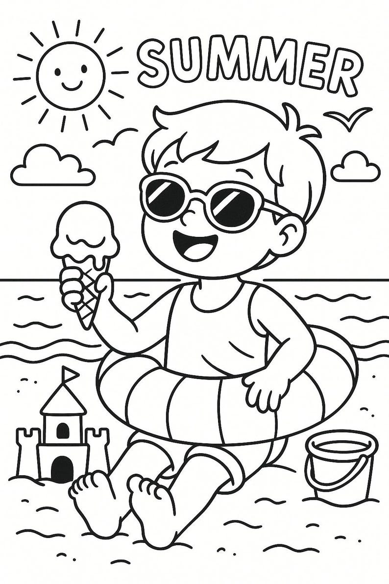 Summer Beach Coloring Page for Kids – Fun Printable Activity With Ice ...