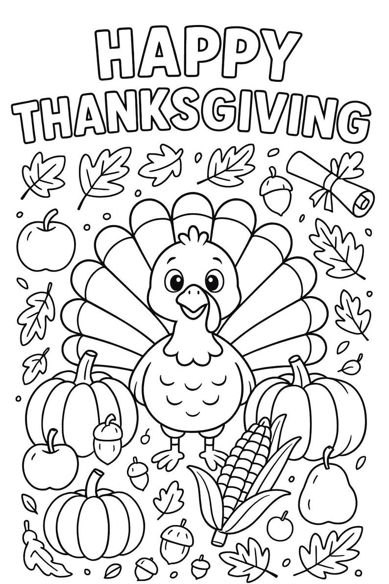 Happy Thanksgiving Coloring Page for Kids | Autumn Turkey and Pumpkins ...