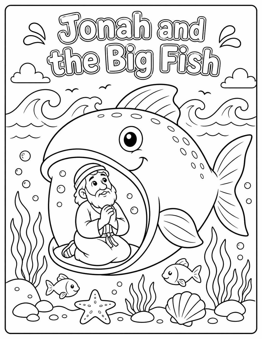 Jonah and the Big Fish Coloring Page for Kids, Bible Story Printable ...