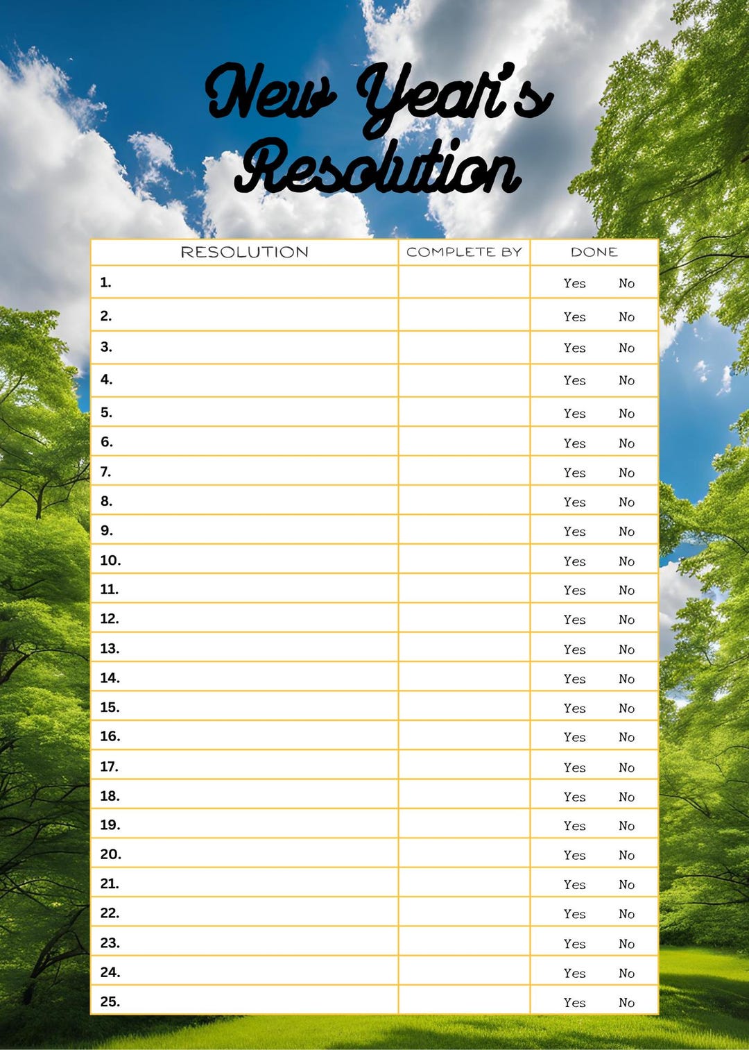 New Years Resolution Checklist Printable Goal Setting Planner 25-item ...