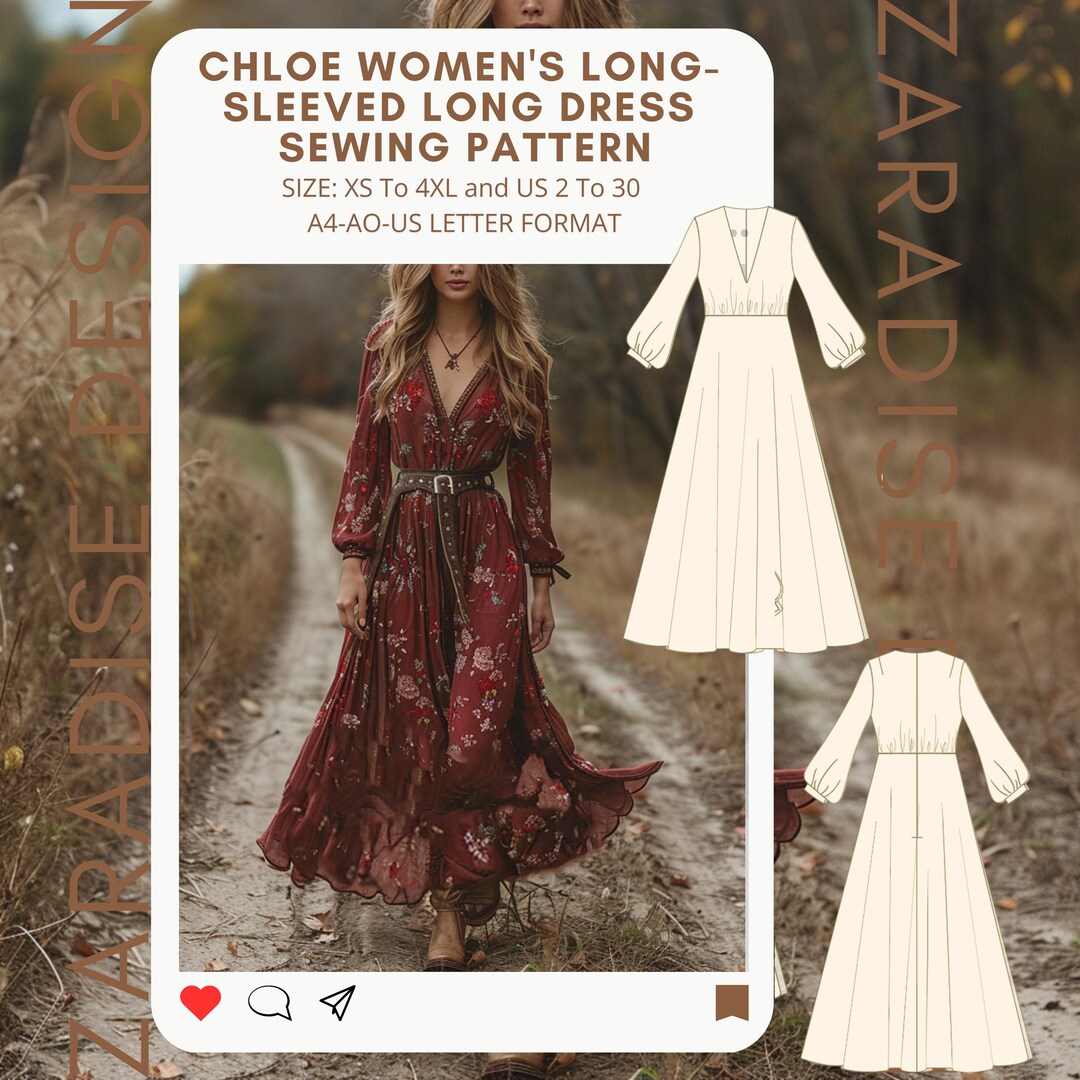 Chloe Women's Long-sleeved Long Dress Sewing Pattern PDF ,boho Long ...