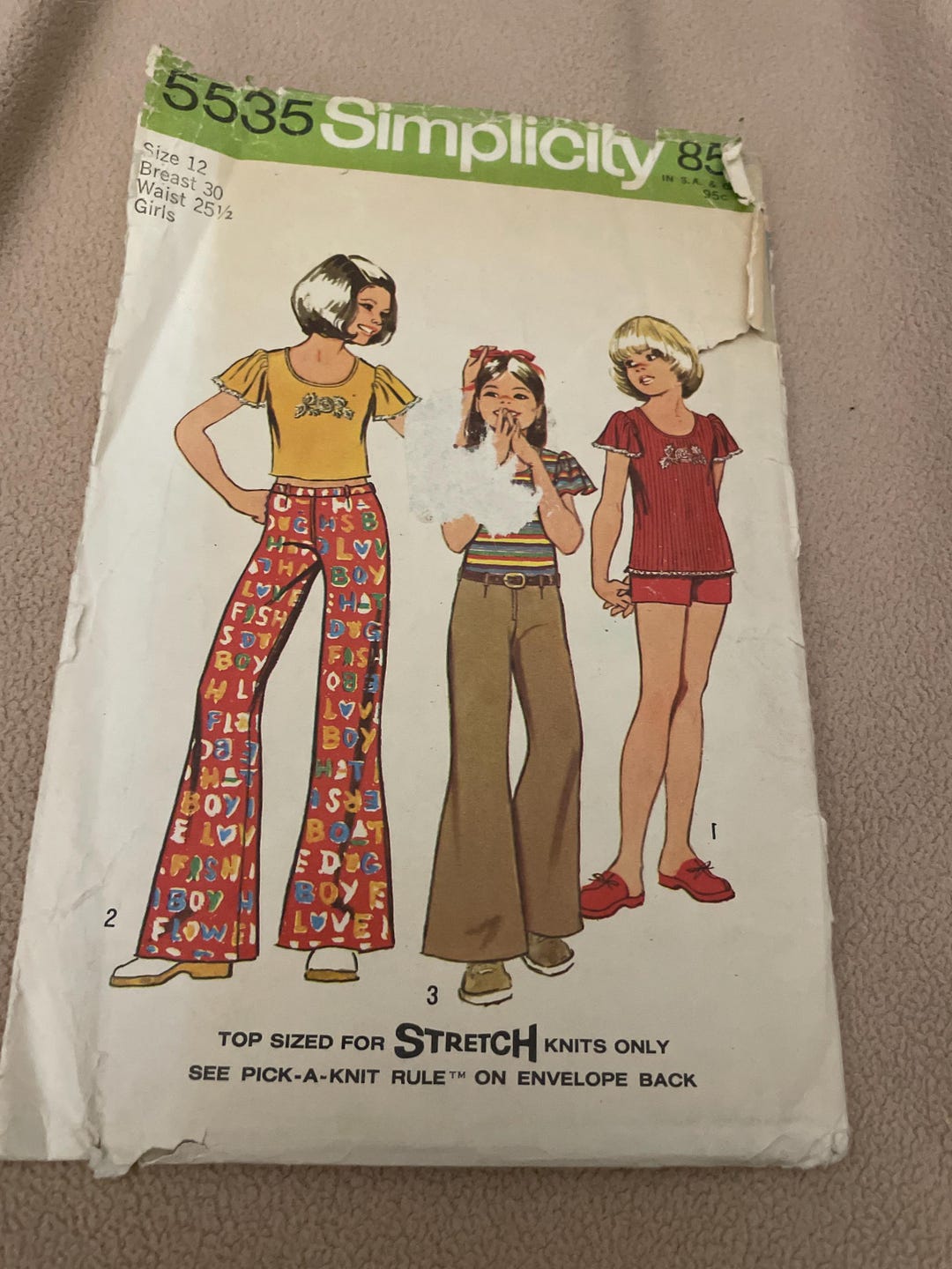 Simplicity 5535 Girls Crochet Trim Bell Bottom Pants Sewing Pattern ...