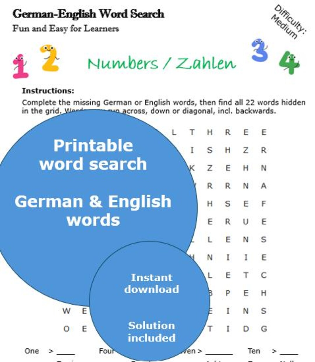German-english Numbers Word Search Puzzle (digital Download) - Etsy