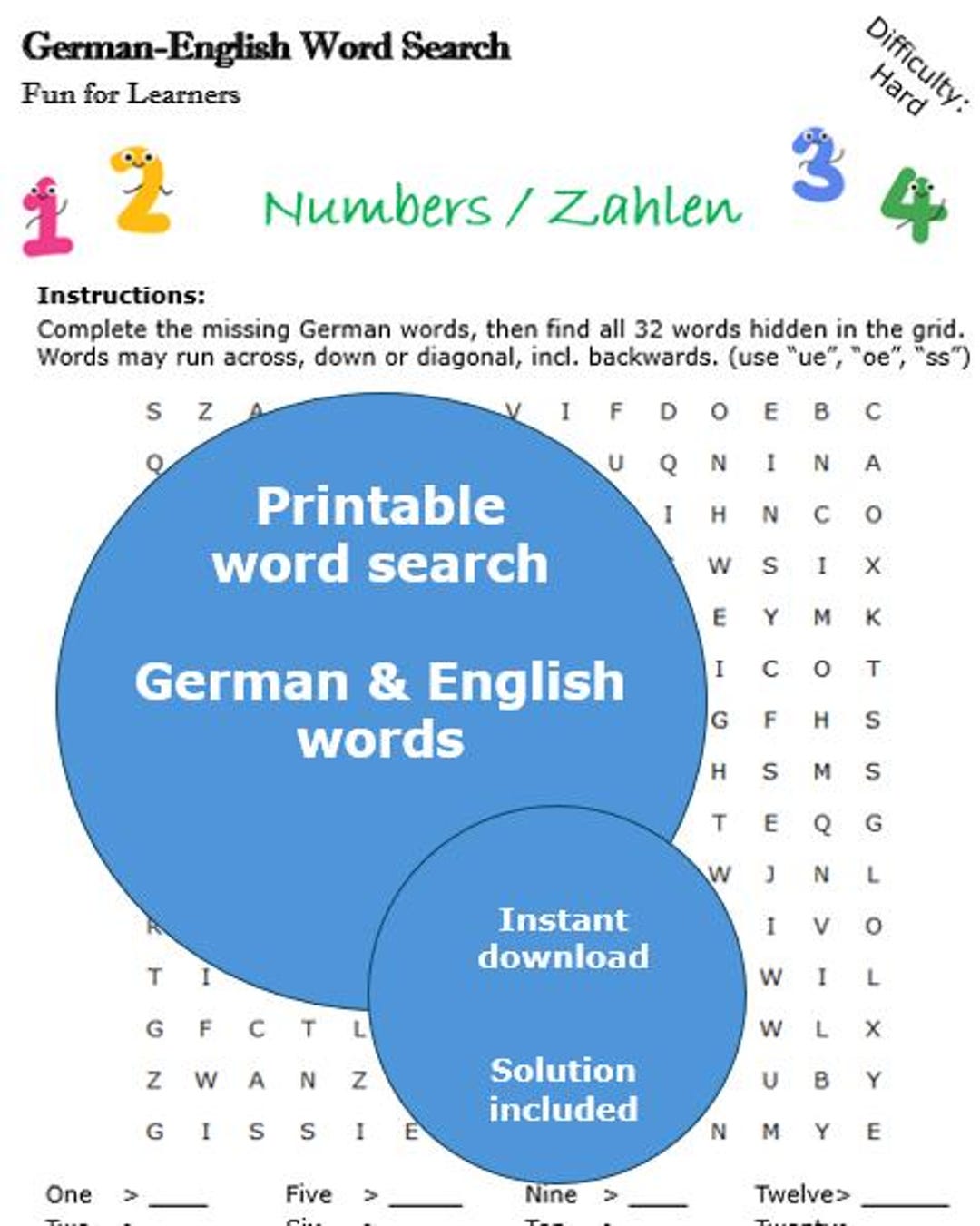 German-english Word Search Puzzle, Hard Difficulty, Fun for Language ...