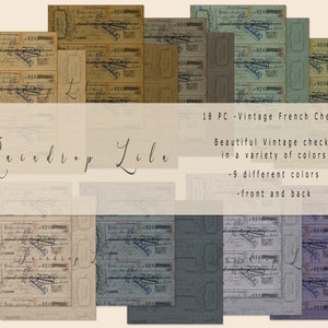 Vintage French Checks -19 Pc- Colorful Antique Document Printables for ...