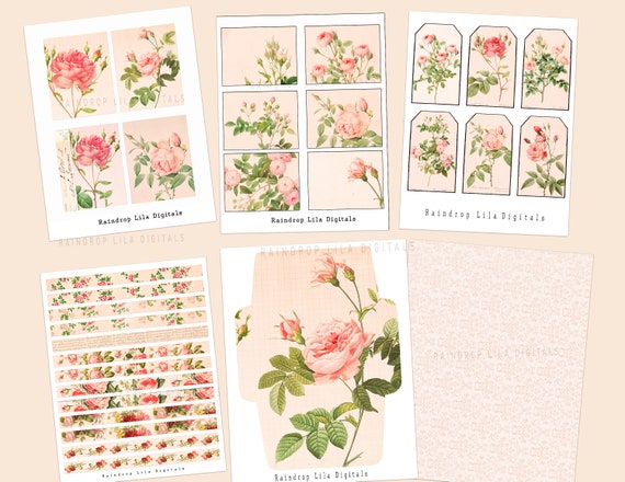 Peachy PINK Roses Printable Paper Kit Envelopes Notecards | Etsy
