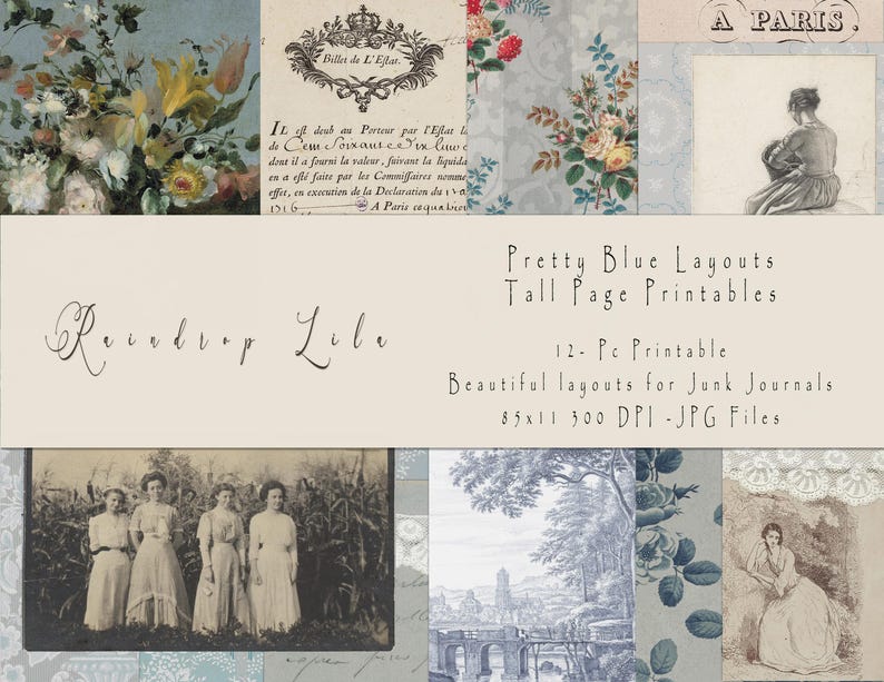 Pretty Blue Tall Layouts Printable, Vintage Floral, French Wallpaper ...