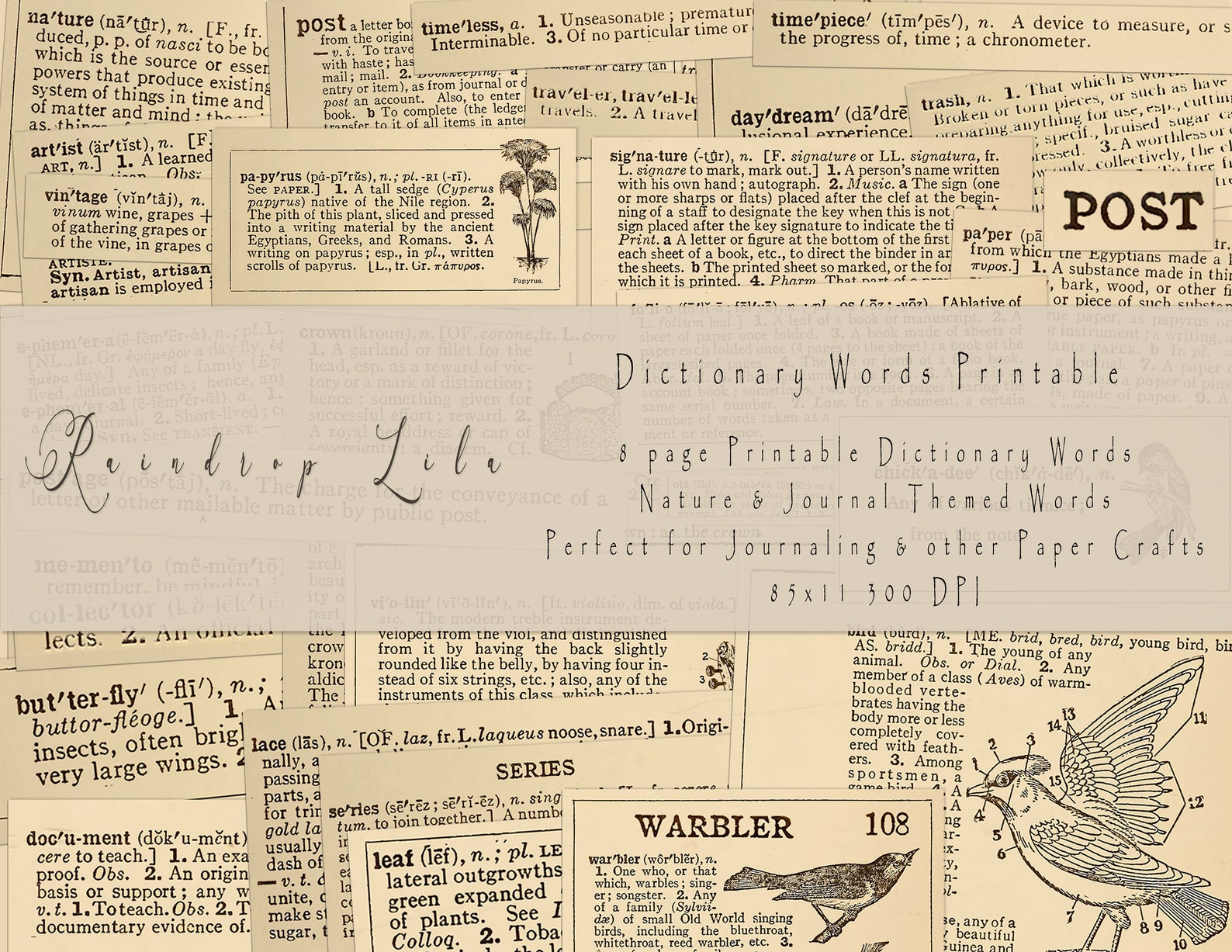 Dictionary Words Printable - 8 Page Junk Journal Digital Kit- Raindrop ...