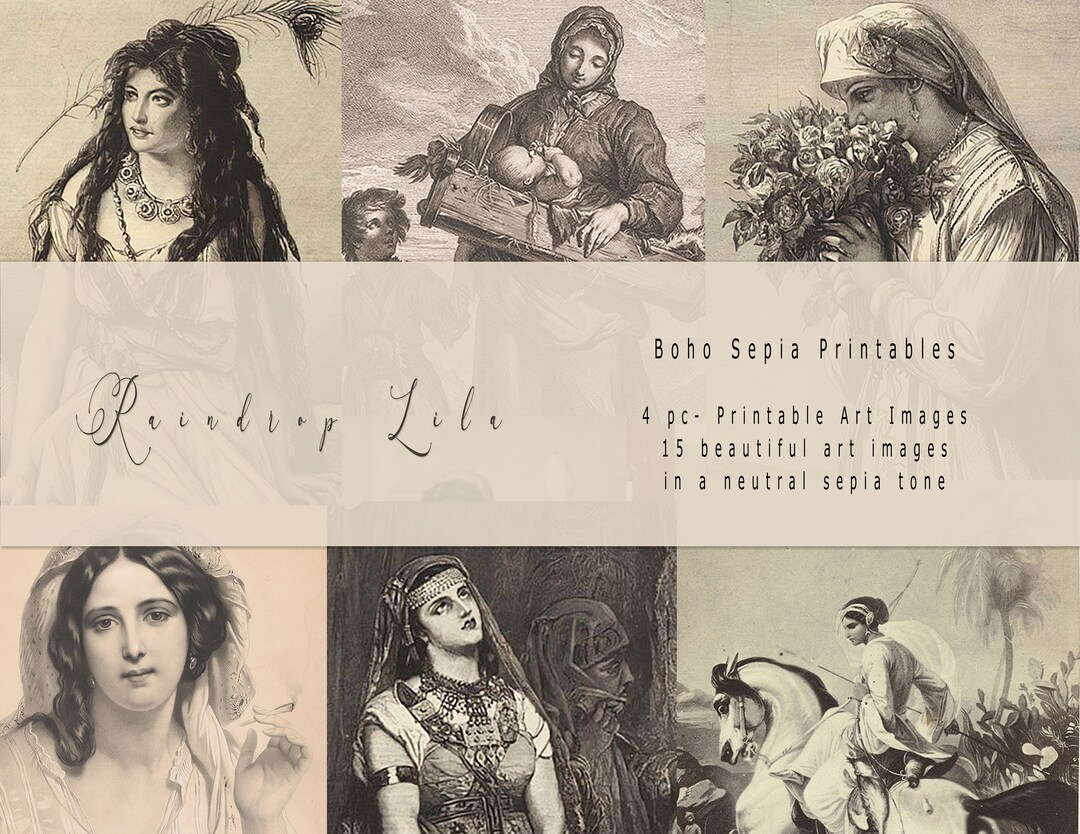 Boho Boho Sepia Art Ephemera- 4 PC Bohemian Junk Journal Illustrations - Raindrop Lila Art ...