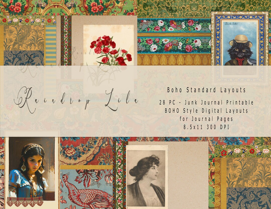 Boho Standard Layouts - 28 PC Bohemian Junk Journal Pages - Raindrop ...