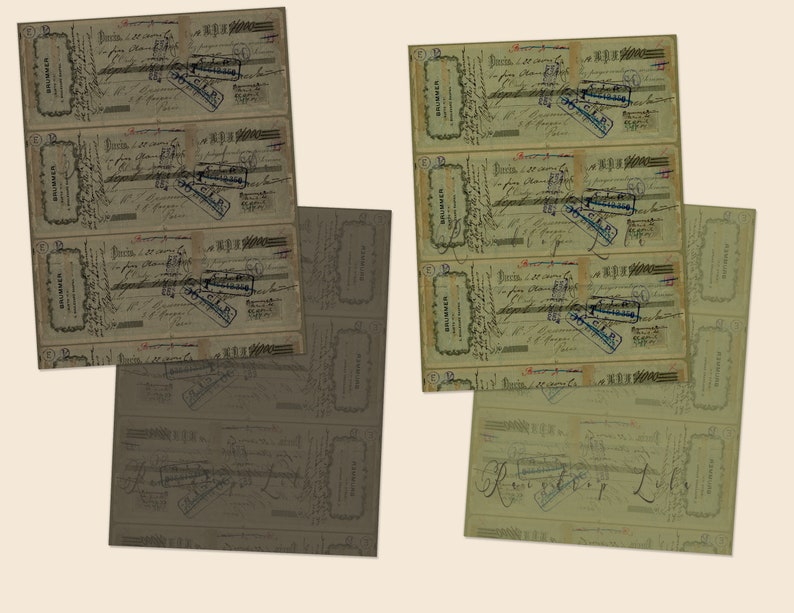 Vintage French Checks -19 Pc- Colorful Antique Document Printables for ...