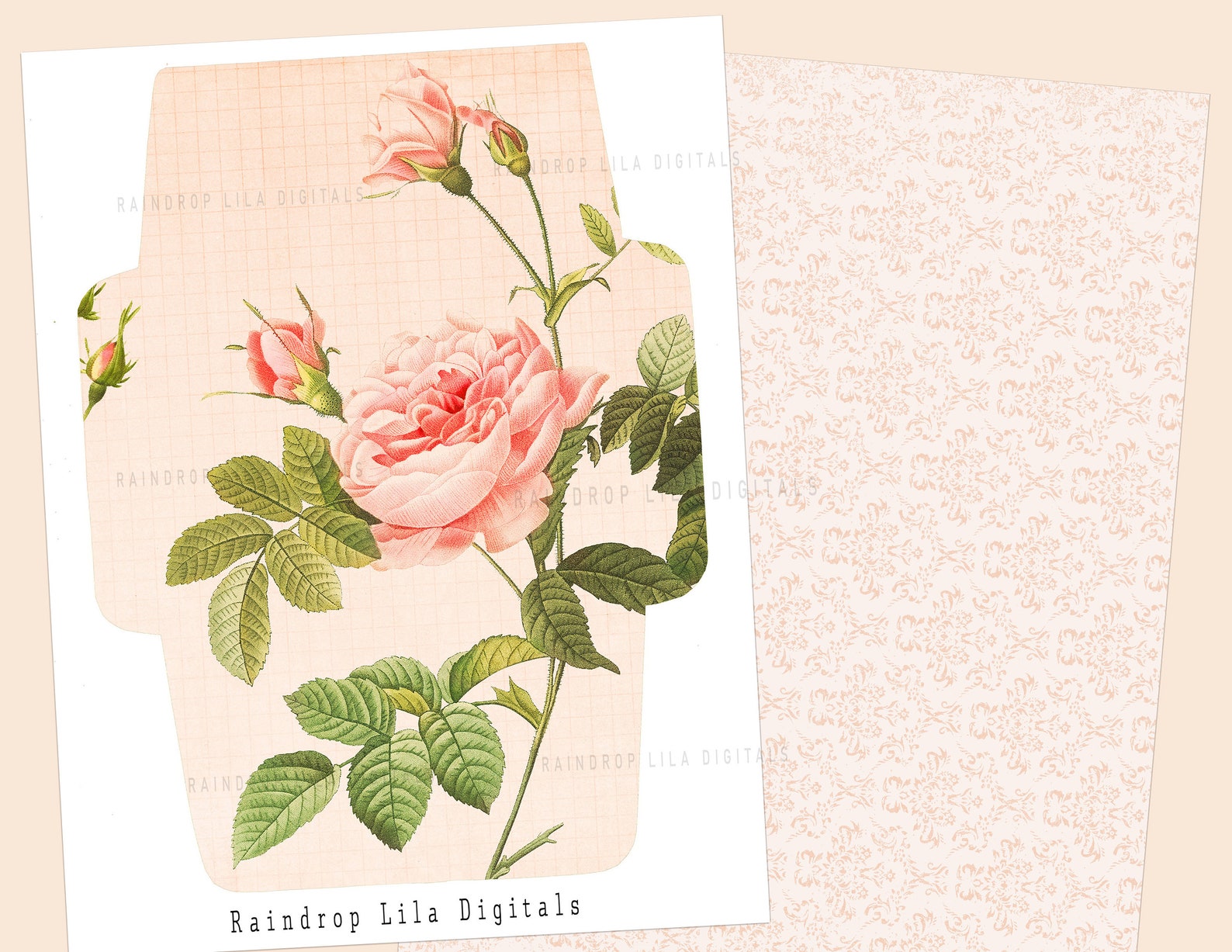 Peachy PINK Roses Printable Paper Kit Envelopes Notecards - Etsy