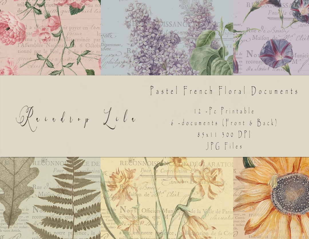 Pastel French Floral Documents- Printable - Background Paper - Raindrop ...