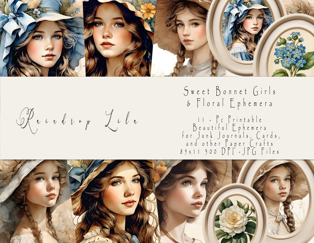 Pretty Blue Bonnet Girl Printable, Junk Journal Cards, Journal Toppers ...