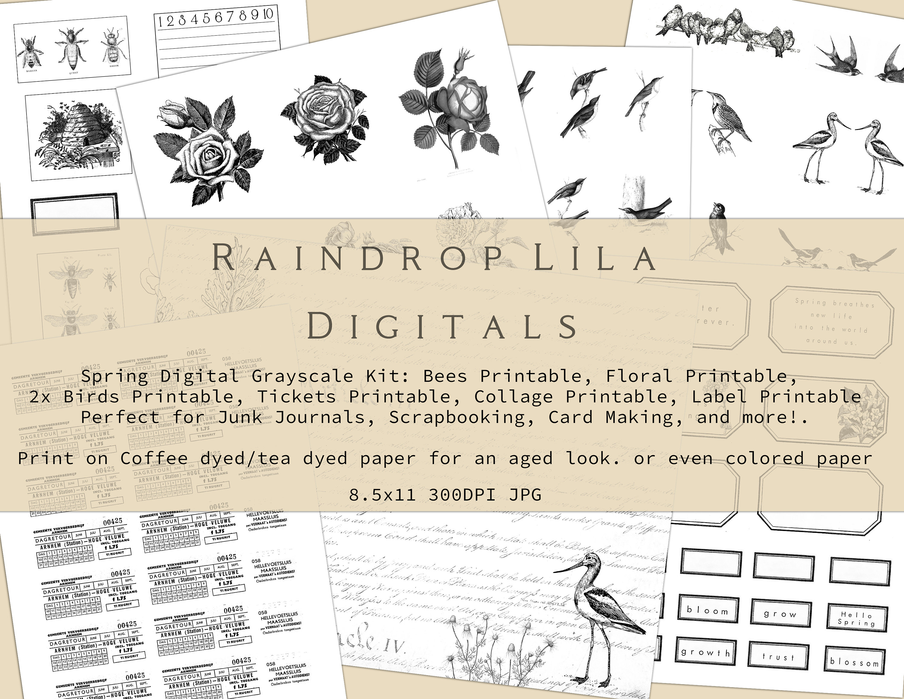 Spring Grayscale Digital Kit Printables for Junk Journaling - Etsy