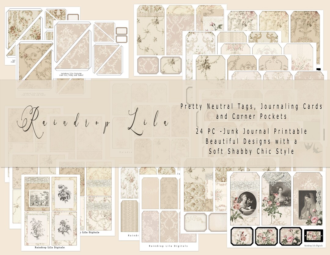 Pretty Neutral Tags, Journaling Cards, and Pockets - INSTANT DOWNLOAD - Raindrop Lila Digital ...