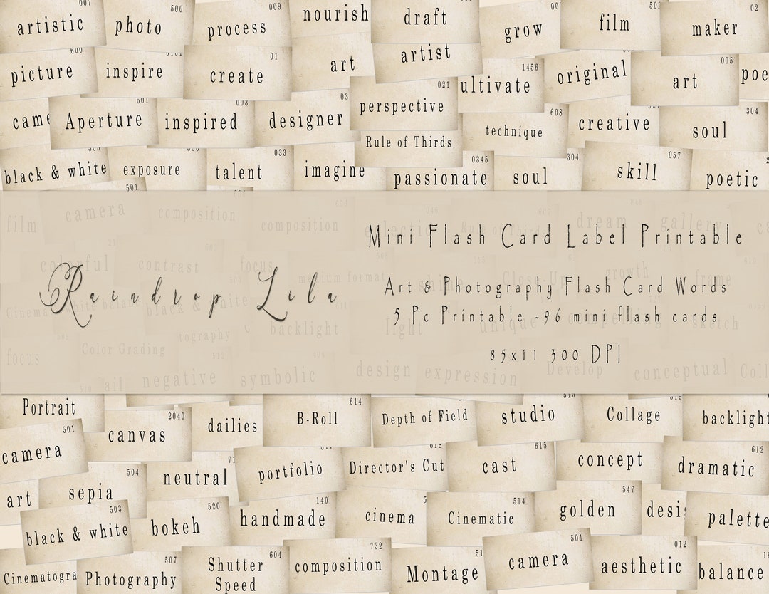 Art Photography & Film -MINI- Flash Card Label Printable - Raindrop ...