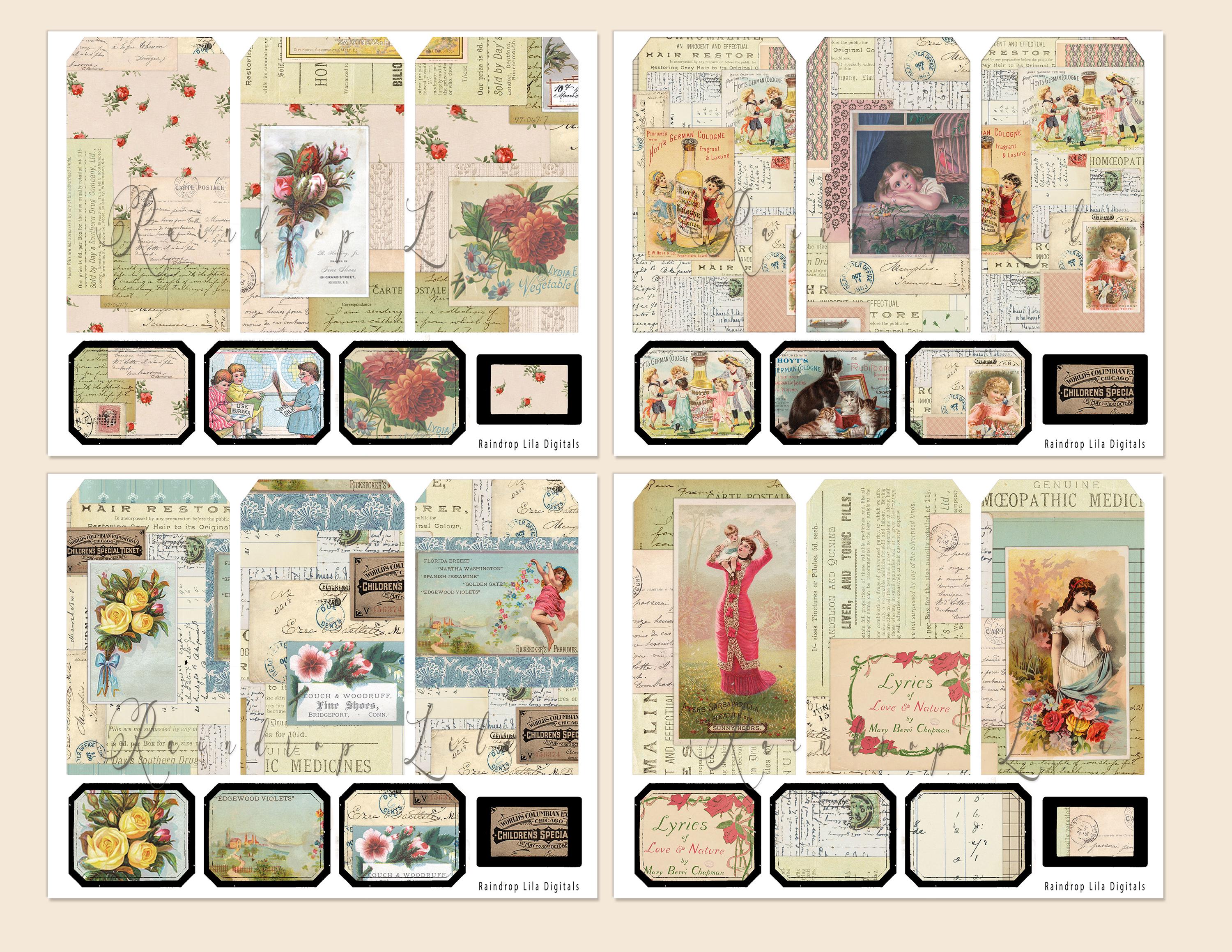 Vintage Collaged 25 TAG Printable, Raindrop Lila Junk Journal Kit - Etsy