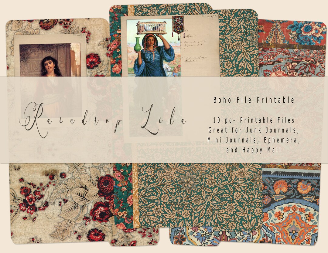 Boho File Folder Printable 10 PC Bohemian Junk Journal Digital Raindrop ...