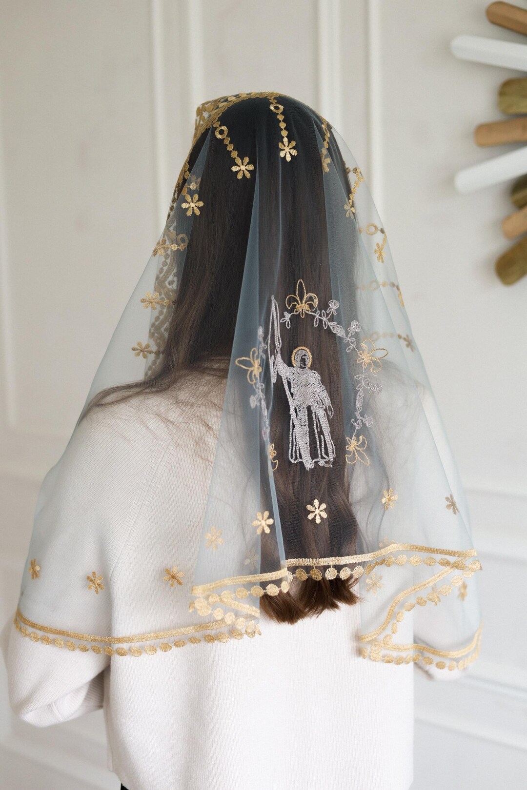 Catholic Blue Embroidered Mantilla Veil With Saint Figure and Gold Lace ...
