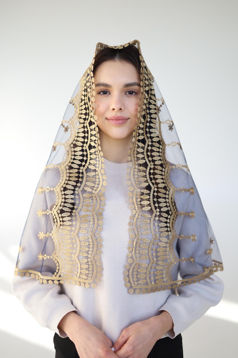 Blue Lace Catholic Mantilla, Gold Church Lace Veil, Latin Mass Mantilla ...