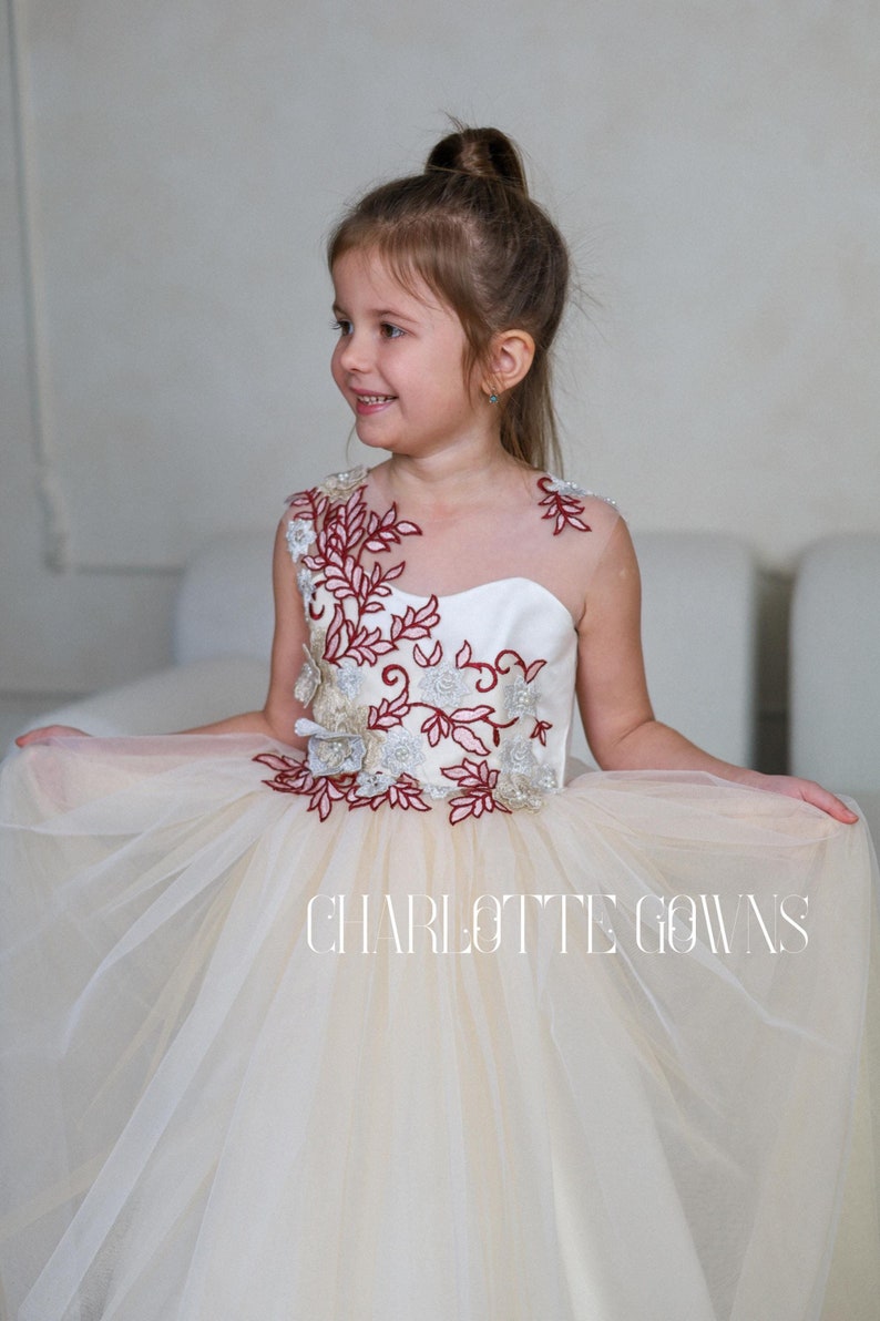 Beige Flower Girl Dress With Train, Champagne Tulle Lace Dress, Toddler ...