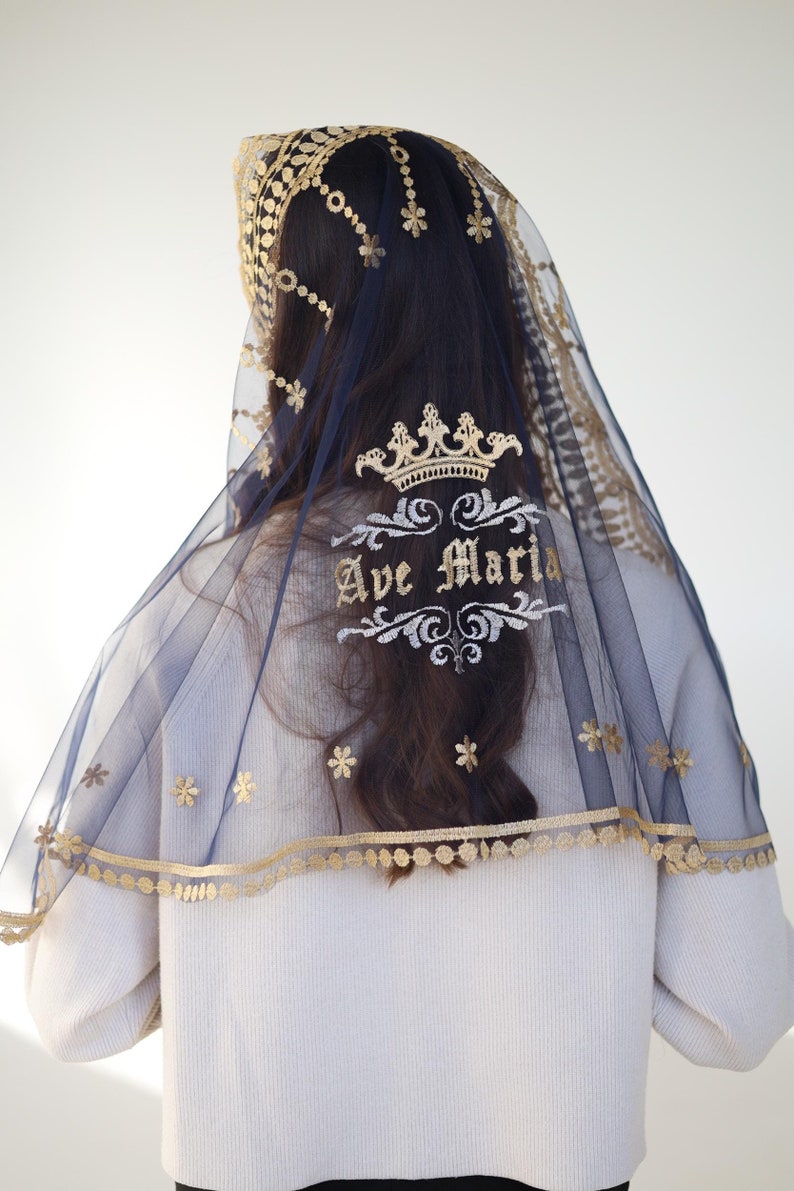 Blue Lace Catholic Mantilla, Gold Church Lace Veil, Latin Mass Mantilla ...
