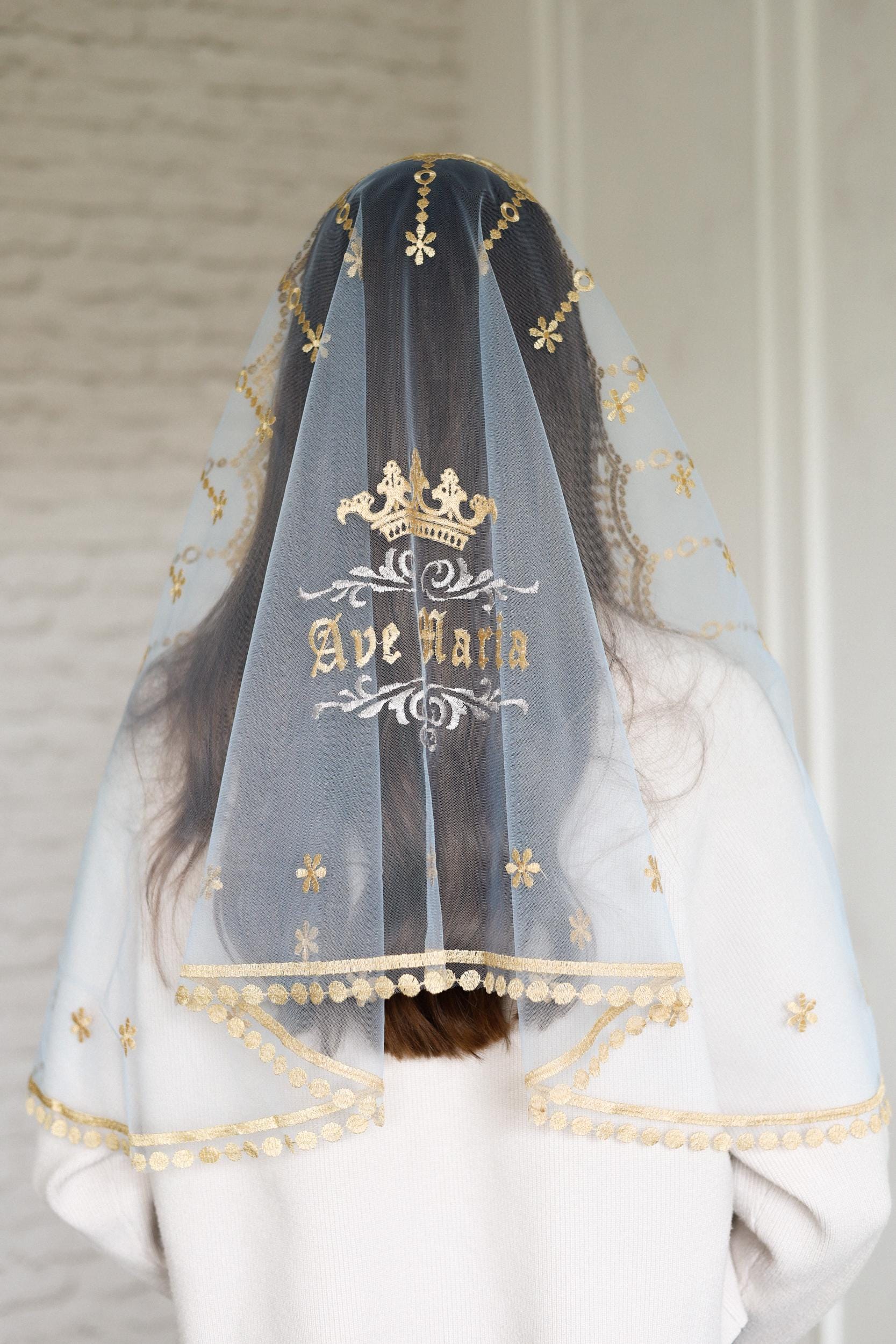 Blue Lace Catholic Mantilla, Gold Church Lace Veil, Latin Mass Mantilla ...