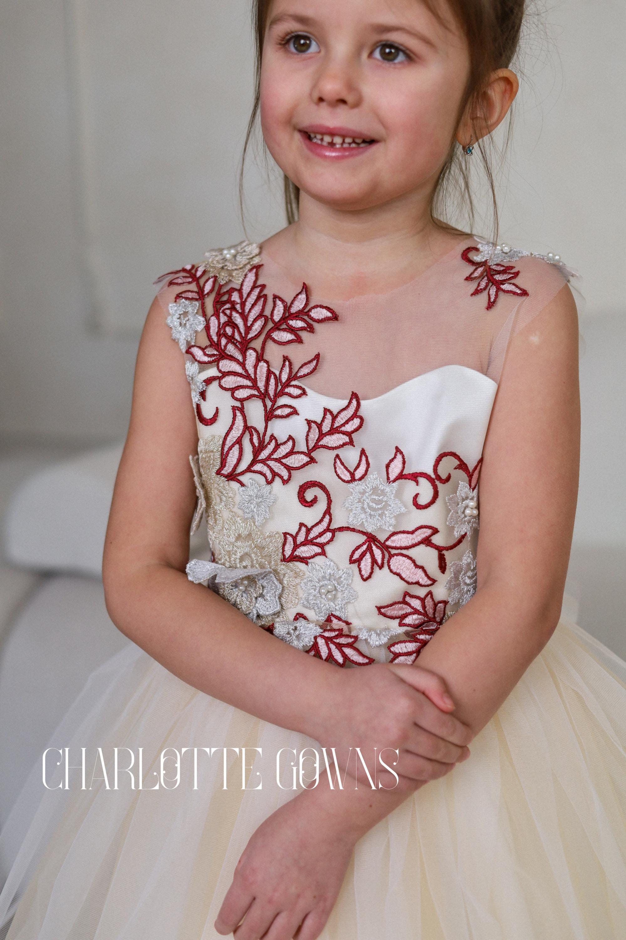 Beige Flower Girl Dress With Train, Champagne Tulle Lace Dress, Toddler ...