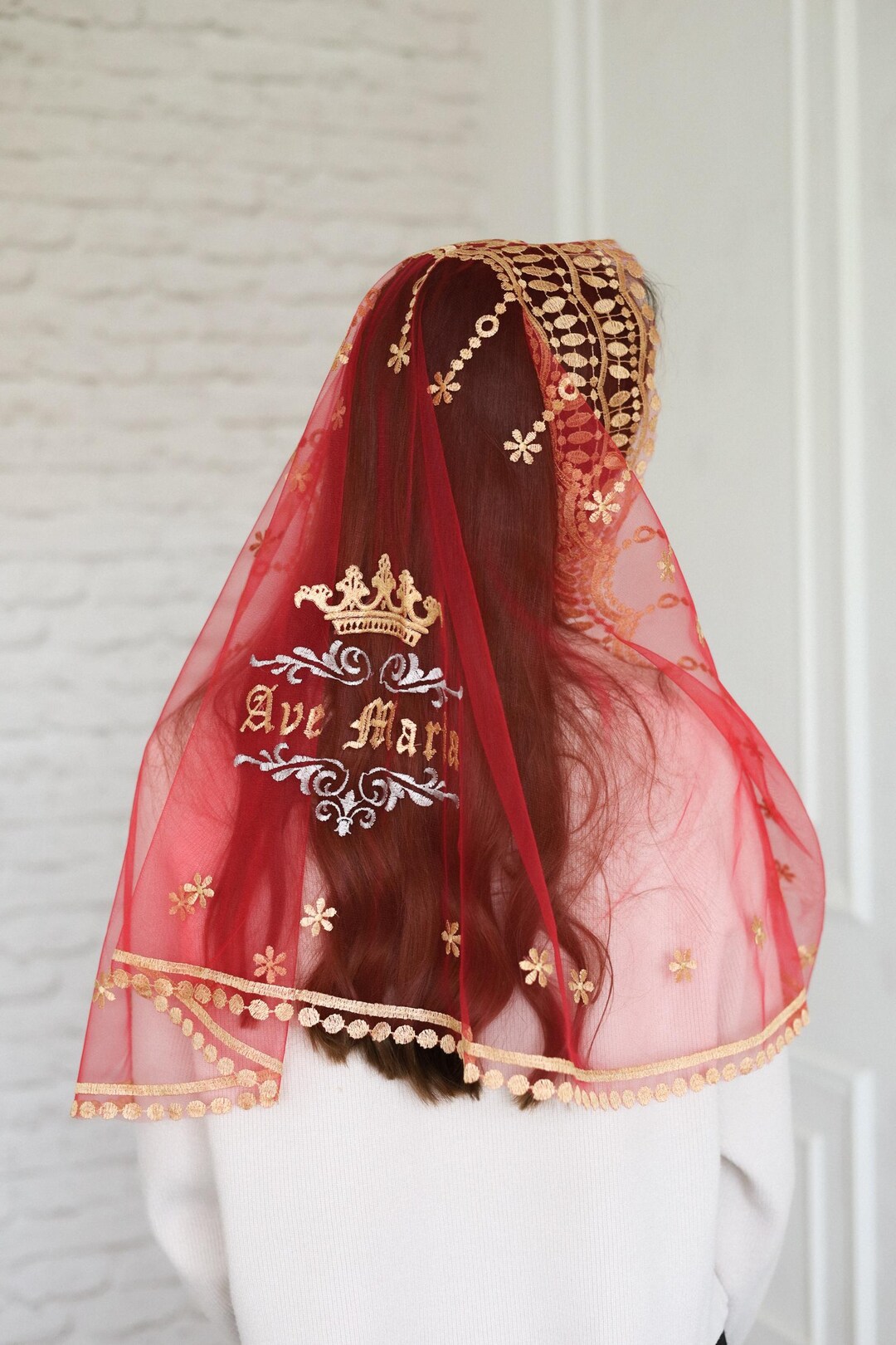 Red Marian Veil, Ave Maria Chapel Mantilla, Crown Embroidered Catholic ...