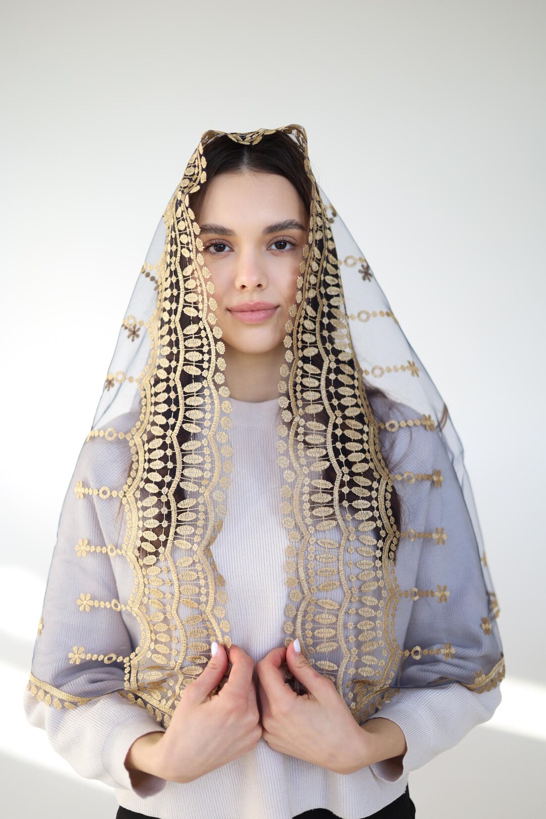Latin Mass Mantilla, Maria Mantilla, Blue Lace Catholic Mantilla, Gold ...