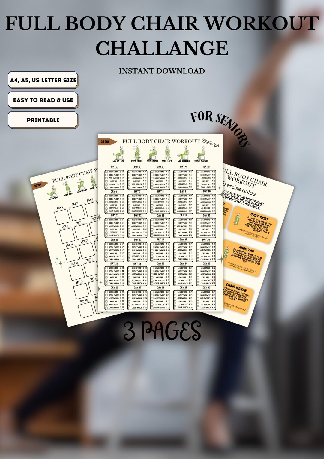 30 Day Full Body Chair Workout Challenge, Senior Workout, Easy to Read ...