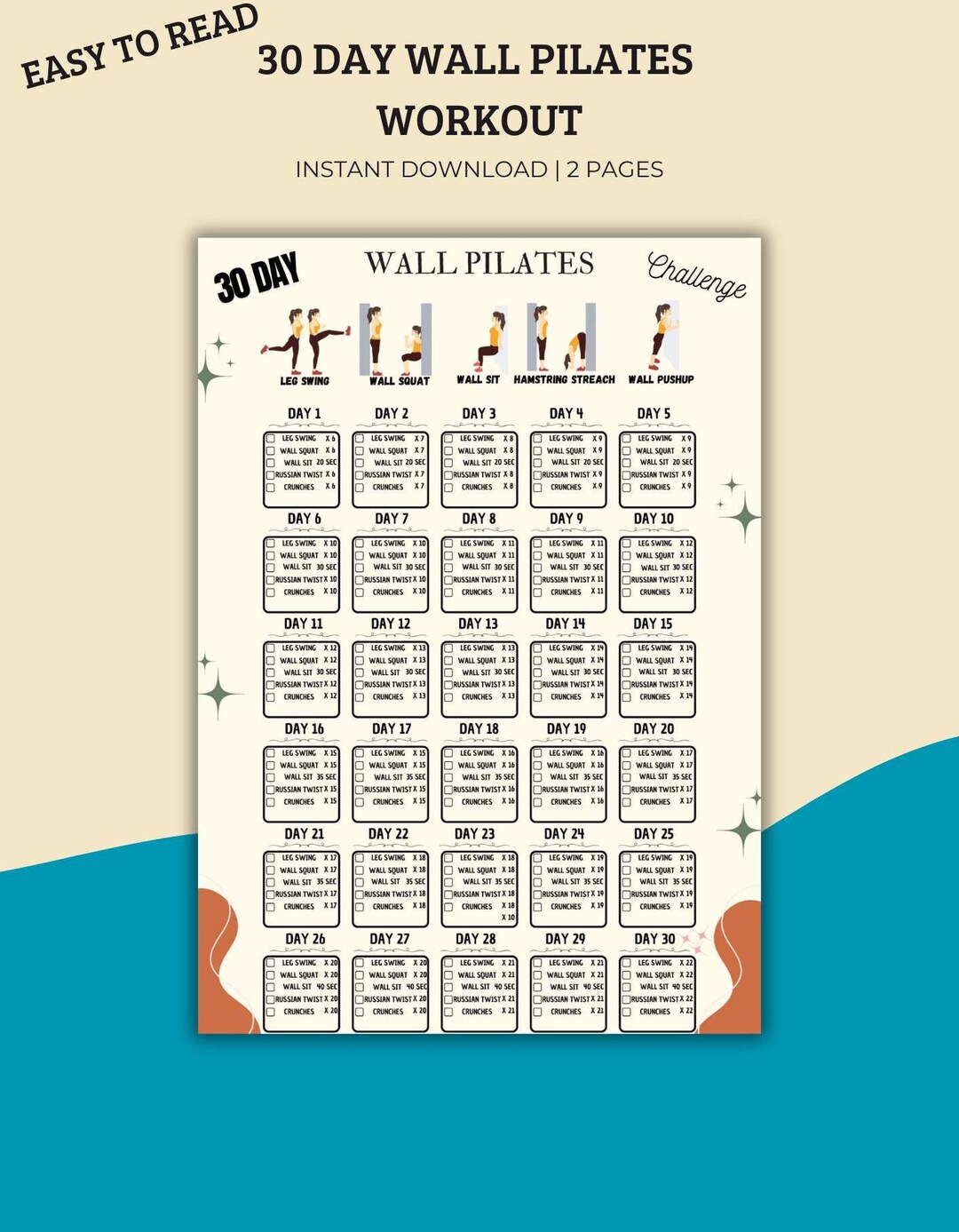 30 Day Wall Pilates Workout Challenge, Wall Exercise for Women, Flat ...