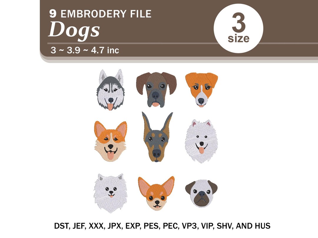 Dogs Embroidery Design Set | 9 Dog Breeds Digital Stitching File for ...