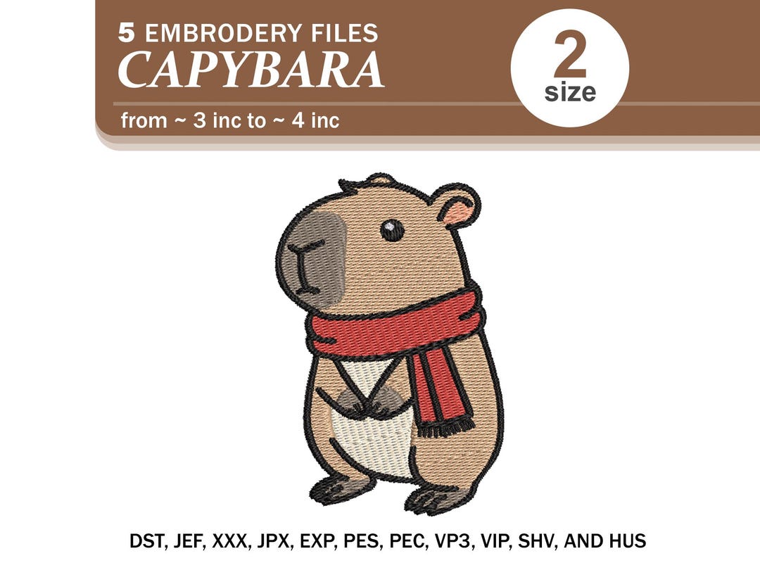 Capybara Embroidery Design | Cute Animal With Red Scarf Stitch File for ...