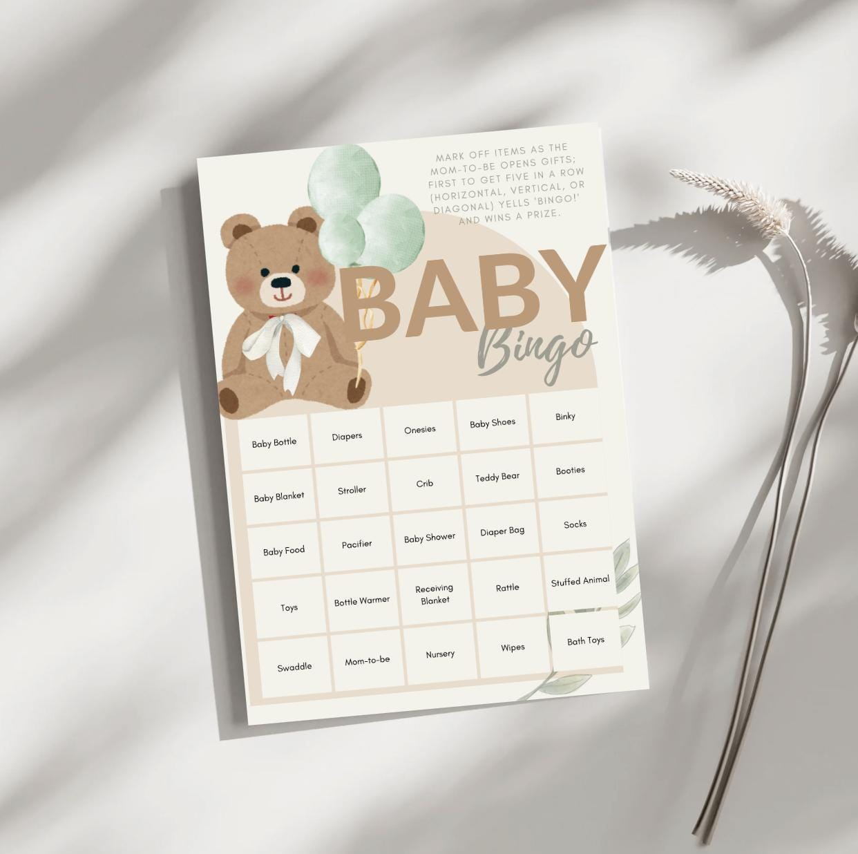 Printable 11x Unique Baby Shower Bingo Card - Bear Theme | Digital ...