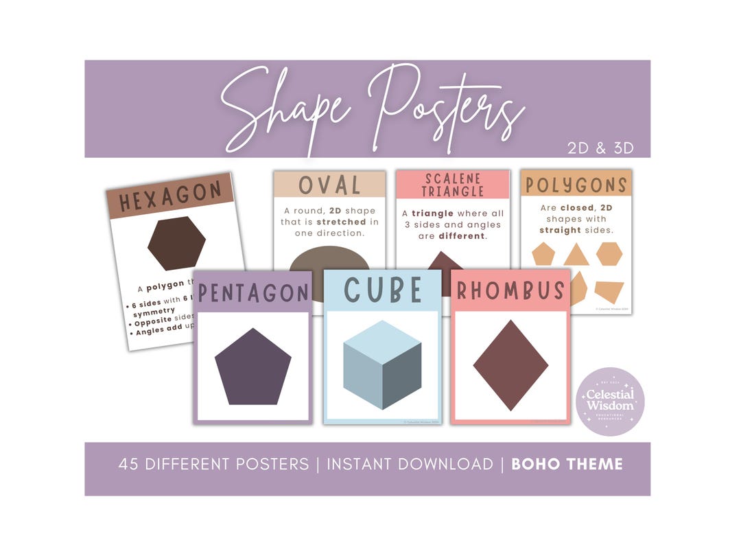 Geometry Shape Posters, Math, 3D, 2D, Polygon, Boho, School, Education ...