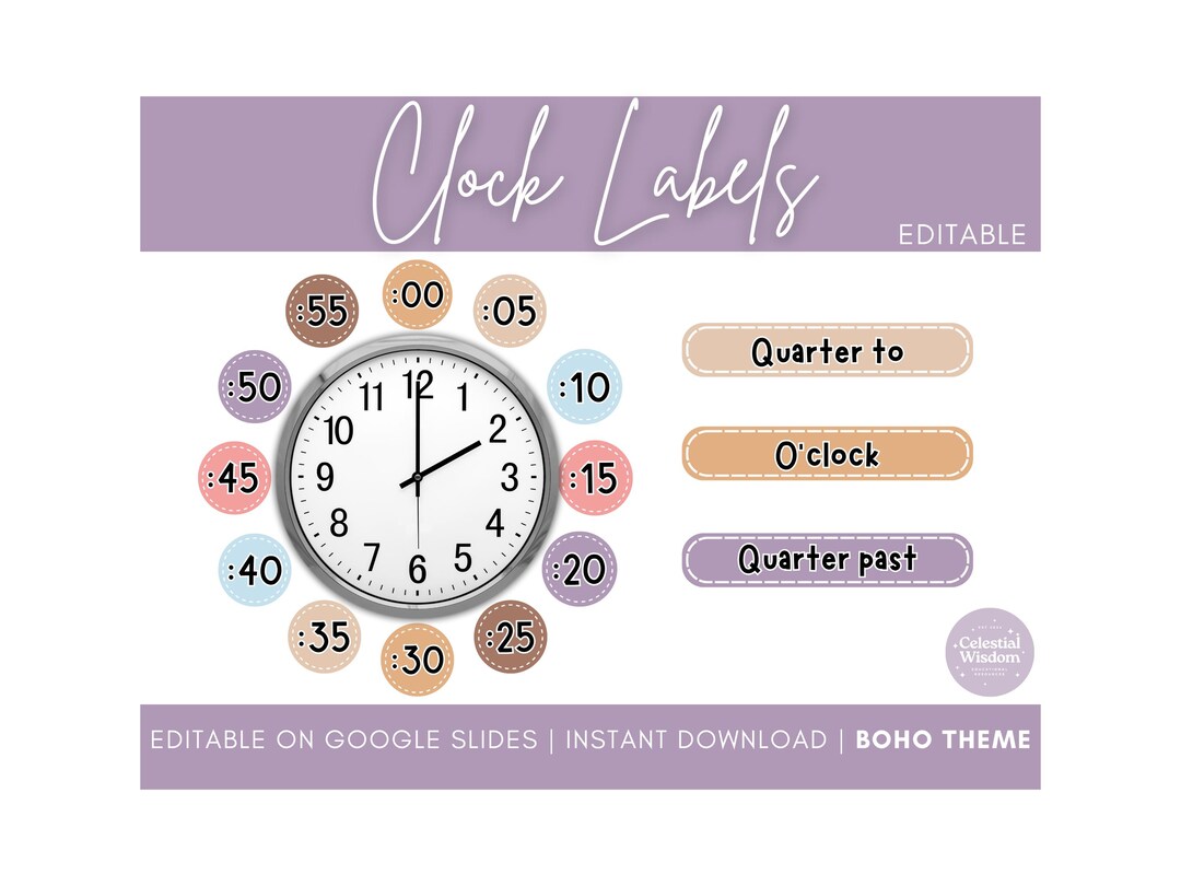 Clock Labels, Boho, Printable, Math, Classroom, Decor, Time, School ...