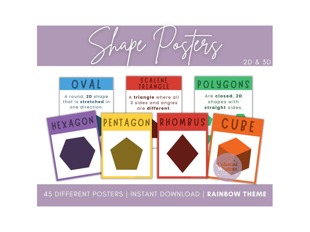 Geometry Shape Posters, Math, 2D, 3D, Polygon, Rainbow, 3rd, 4th, 5th ...