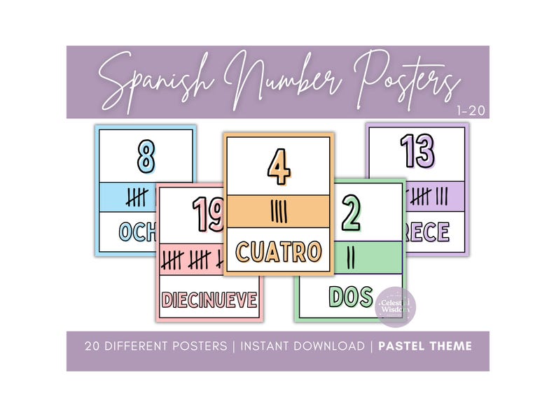 Printable Spanish Number Posters, Tallies, Counting, Pastel, Skip ...