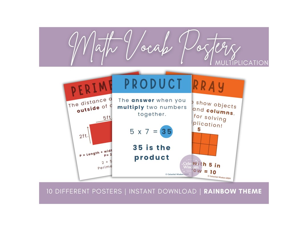 Printable Multiplication Vocabulary Posters, Rainbow, Math, 3rd Grade ...