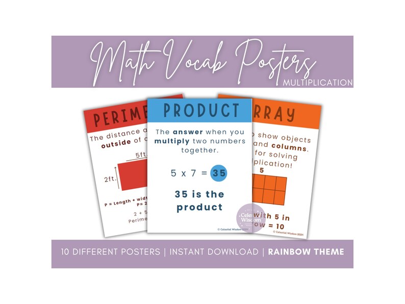 Printable Multiplication Vocabulary Posters, Rainbow, Math, 3rd Grade ...