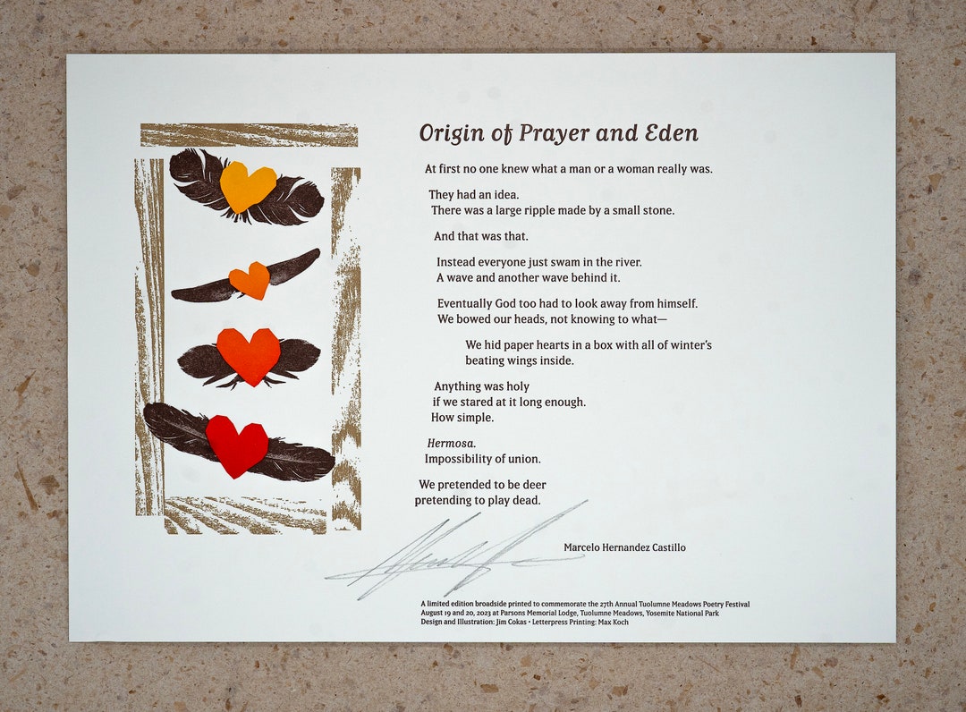 Letterpress Poetry Broadside origin of Prayer and Eden Poem by Marcelo ...