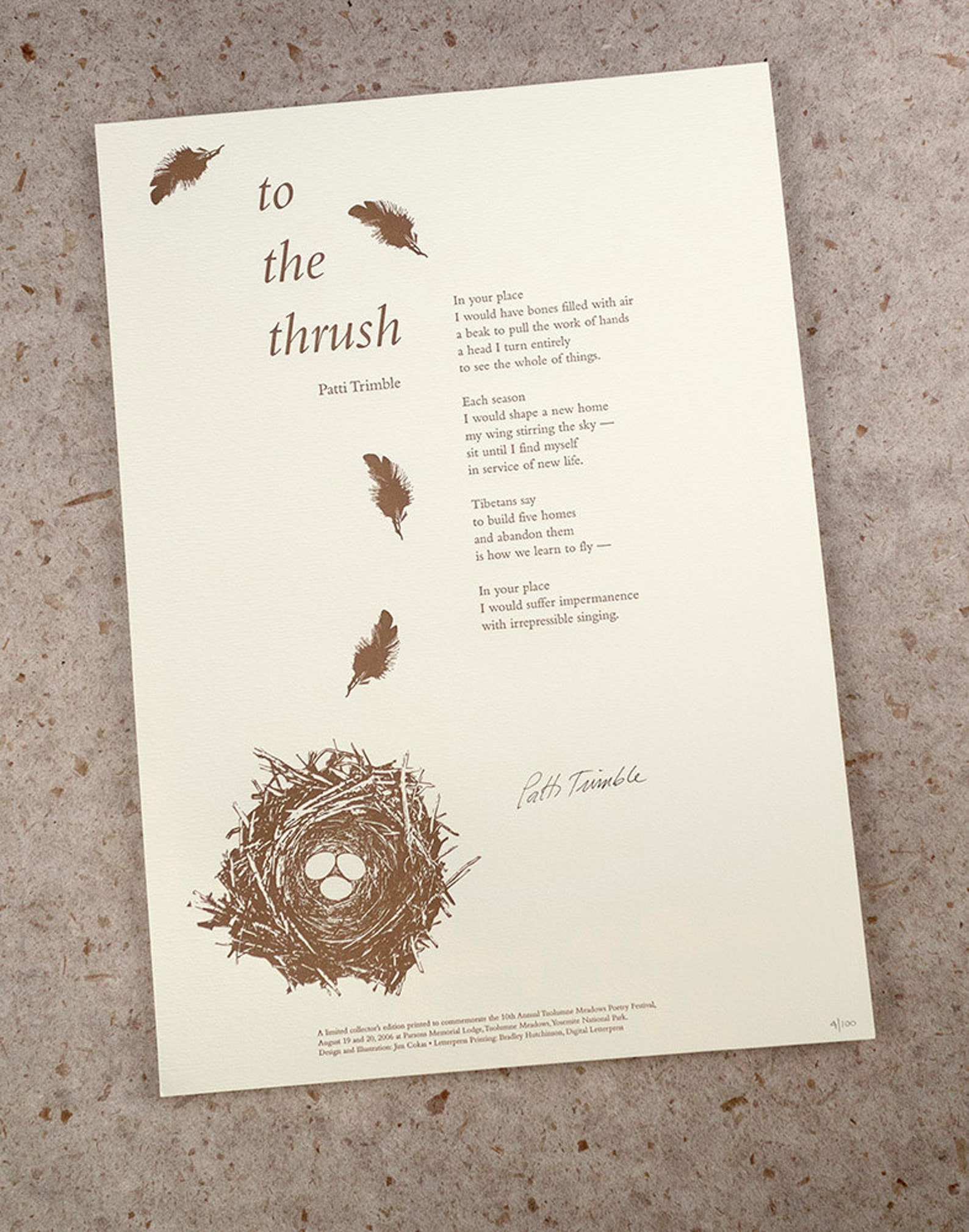 Letterpress Poetry Broadside Print — "to the Thrush" — Poet Patti ...