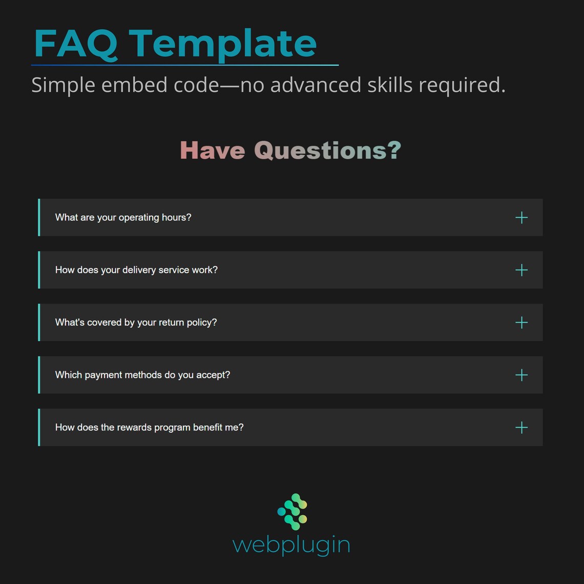 Modern Dark Theme FAQ Template Responsive Html FAQ Section Easy Embed ...