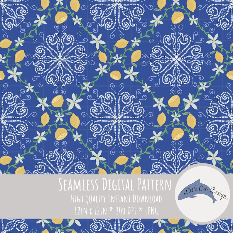 Sunny Amalfi Coast Lemon Tile Pattern - Instant Digital Download, Hand ...
