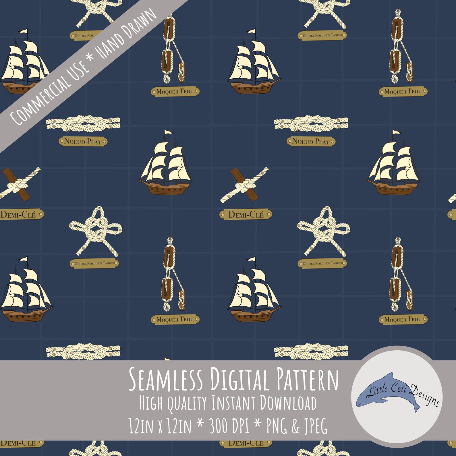 Hand Drawn Nautical Knots, Tall Ships Seamless Pattern, Maritime Rope ...