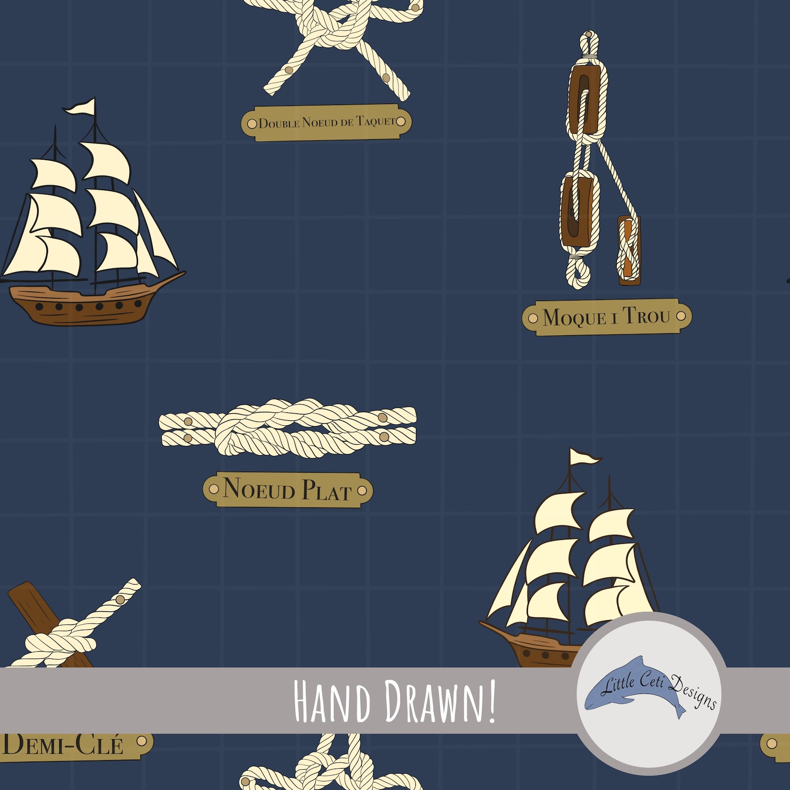 Hand Drawn Nautical Knots, Tall Ships Seamless Pattern, Maritime Rope ...