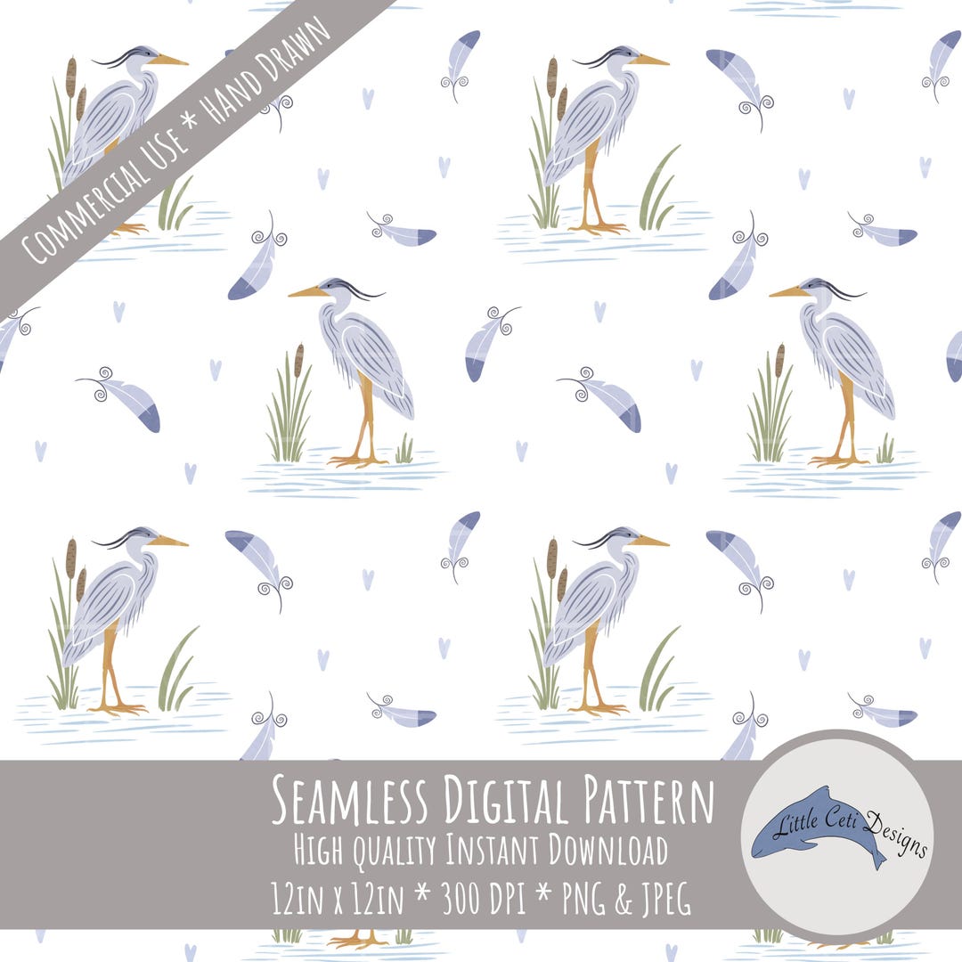 Heron Seamless Pattern Digital Download, Hand Drawn Elegant Bird ...