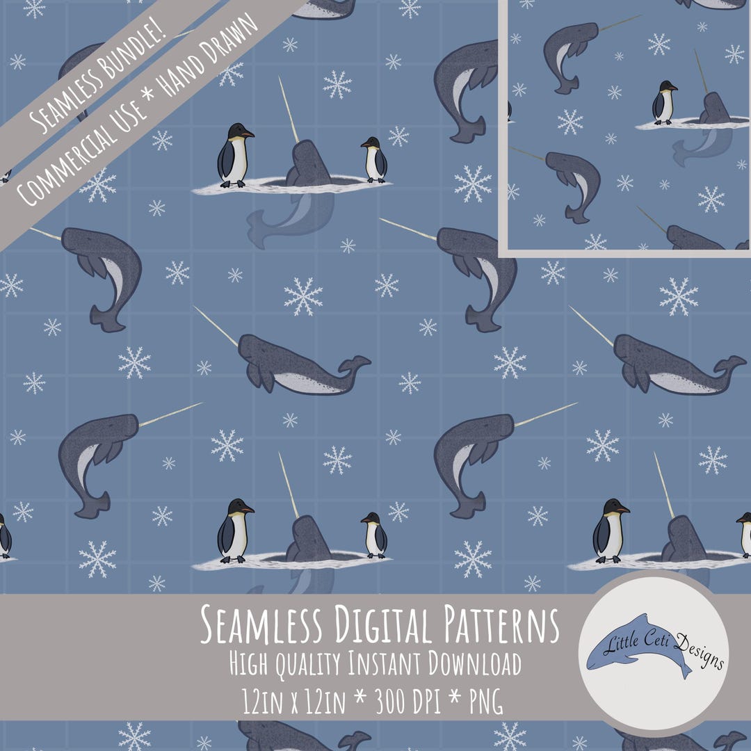 Narwhal Seamless Pattern Digital Download Hand Drawn Arctic Winter ...